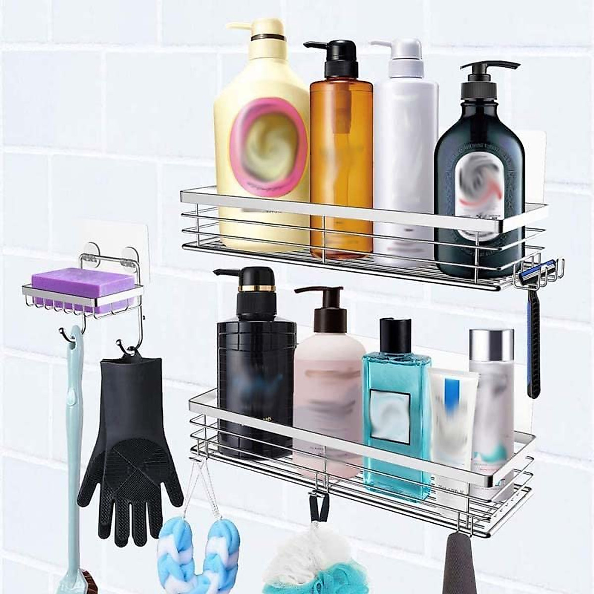 BebLP Adhesive Shower Caddy Soap Dish Holder Shelf with 5 Hooks Bathroom Generic Bathroom organizer Bathroom accessories Bathroom storage Shower organizer Storage organizer Home organization