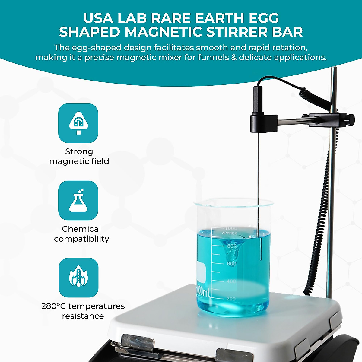 USA Lab Rare Earth Egg Shaped Magnetic Stirrer Bar with Teflon Coat Finish, 280°C High Temperatures Resistance Magnet Mixer Stir Bar for Physics, Chemistry and Biology Labs - 20mm x 64mm