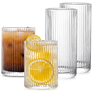 Drinking Glasses with Origami Style Set of 4pcs Glass Cups,2 Highball Glasses & 2 Rocks Glasses,Elegant Ripple Vintage Glassware,Iced Coffee Glasses,Ideal for Cocktail, Whiskey, Beer, Juice, Water