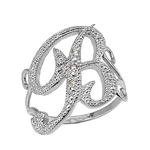 Initial Rings 10k White Gold Modern Cursive B Diamond (Size 8.25)