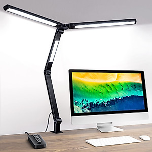 LED Desk Lamp with Clamp, Three Light Sources Desk Lamps for Home Office, Led Desk Light Swing Arm, Control Box, Dimmable 4 Color Modes, 4 Brightness, Eye-Caring Clip on Lamp for Workbench Studio, 20W