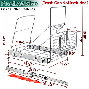 Pull Out Trash Can with Removable Metal Basket, Stainless Steel Kitchen Adjustable Trash Slide Out Shelf, Cabinet Trash Can Pull Out Kit, Fit 7-11 Gallon Garbage Can (Trash Can Not Included, Silver)