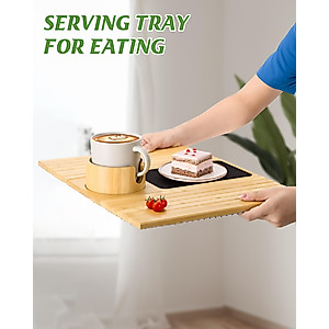 BS-VOG Couch Cup Holder, Bamboo Couch Arm Tray with 360° Rotating Drink Holder, Foldable Anti-slip Couch Arm Table, Sofa Armrest Tray Clip on Wide Couches for Eating, Snacks, Remote, No Installation