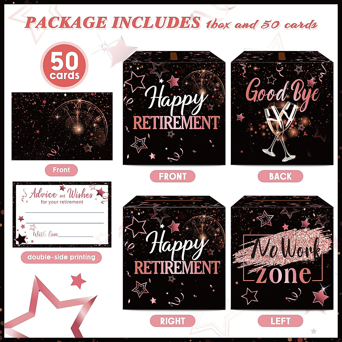 Funrous 51 Pcs Retirement Card Box Happy Retirement Party Decorations Well Wishes and Advice Card for Women Men Going Away Party Favors(Rose Gold and Black)