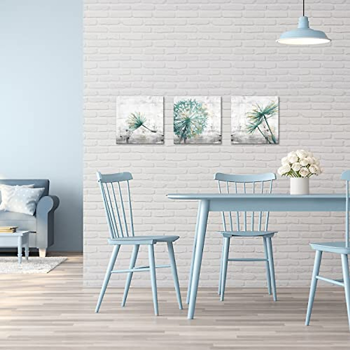 3 Piece Framed Canvas Wall Art Teal Dandelion on Rustic Grey Background Canvas Prints Home Artwork Decoration for Living Room Bedroom Farmhouse Decor 12x12x3 Panels (Small)