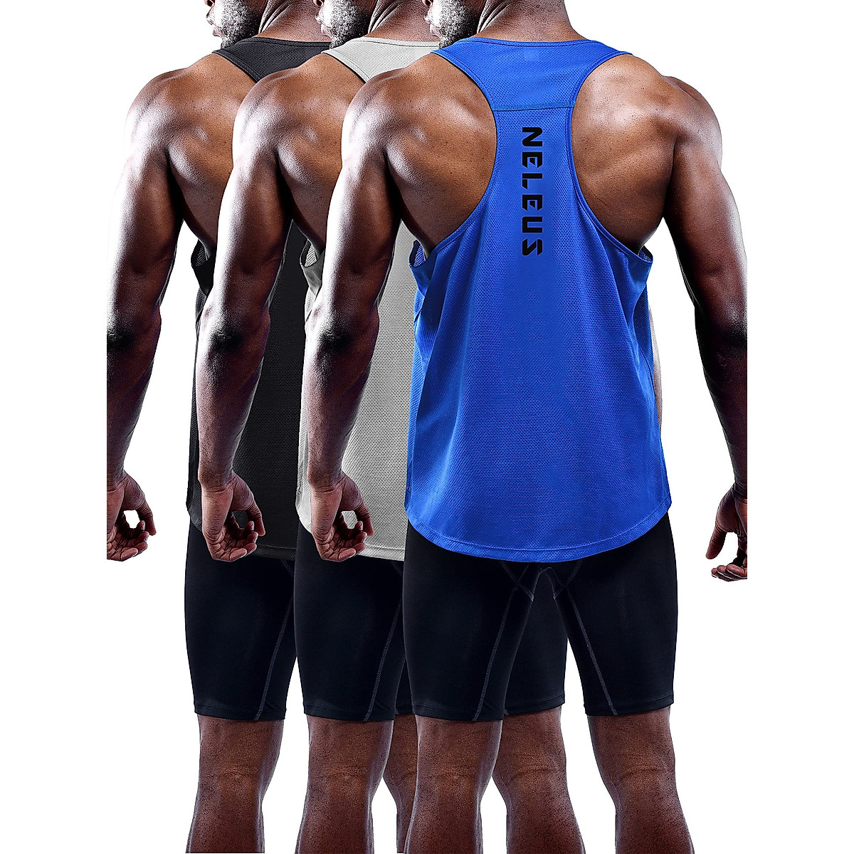 NELEUS Men's Workout Running Tank Top Sleeveless Gym Athletic Shirts Pack of 3,5080,Black/Grey/Blue,L