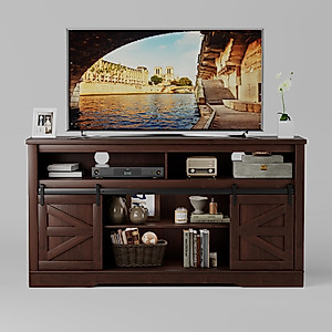 JUMMICO Fireplace TV Stand for 65+ Inch TV with 26'' Fireplace Entertainment Center with Storage Cabinet and Adjustable Shelves, Media Console with Sliding Barn Door for Living Room (Brown)