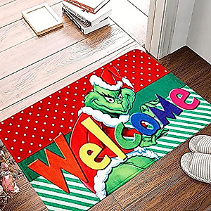 EVECLIOO Christmas Door Mat, Green Cartoon Character Car Kitchen Rug Decor of Winter Holiday Party Home Decorations Non-Slip, Washable, Stain and Resistant Fade, Welcome