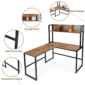 Tangkula Reversible L-Shaped Desk with Hutch, Space Saving Corner Computer Desk with Storage Shelves, Home Office Study Writing Desk Computer Workstation with Storage Bookshelf, Gaming Desk