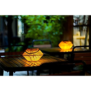 Outdoor Hanging Solar Lantern , 2 Pack Handmade Woven Lamp with Rope Handle Waterproof Table Light Home Decor for Backyard Balcony Patio Garden, Natural
