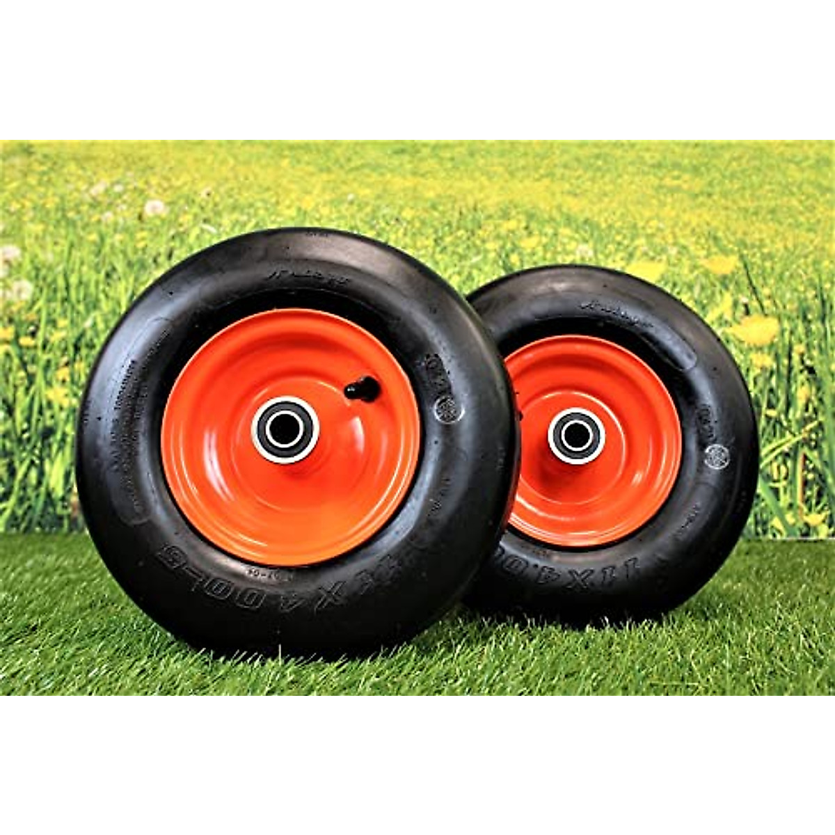 (Set of 2) 11x4.00-5 Tires & 5.25 Kubota Orange Wheels 4 Ply for Lawn & Garden Mower