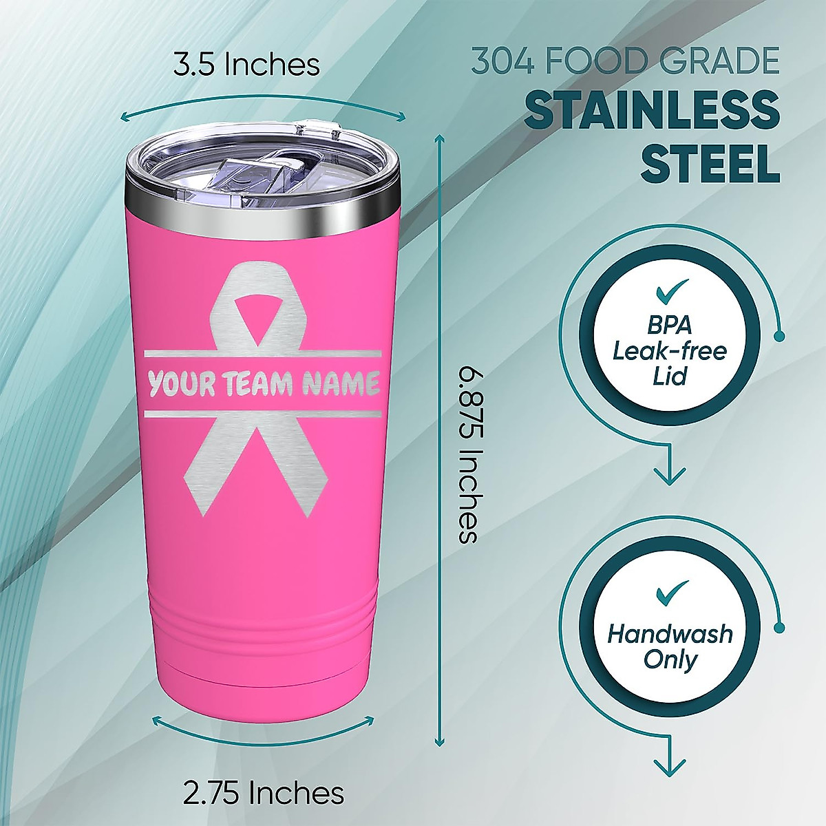 Personalized Custom Breast Cancer Ribbon Your Name Insulated Tumblers 20 oz. with Lid, Stainless Steel Cups Travel Coffee Mug (Pink)