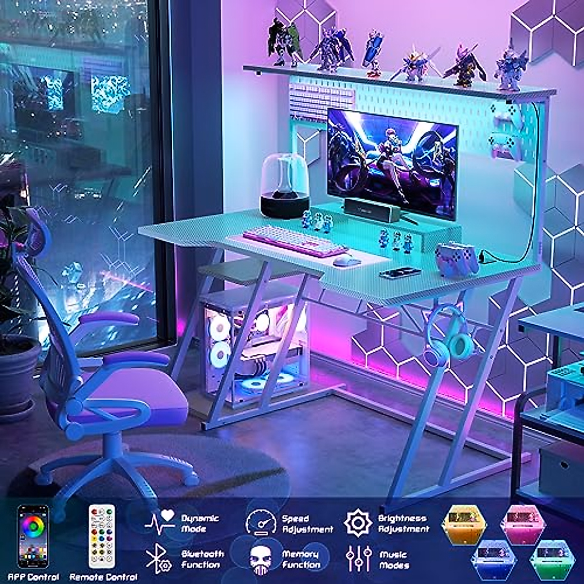 Gaming Computer Desk with Storage Shelves & Z-Shaped Legs, White Gaming Desk with Hutch and LED Lights, Reversible PC Gaming Desk with Pegboard for Bedroom & Small Spaces, Carbon Fiber Surface, 47''