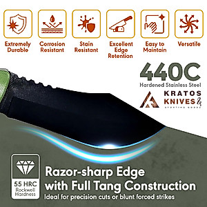 Bushcraft Knife Full Tang with Sheath, 10.2" Fixed Blade Survival Knife with 440C Hardened Stainless Steel, Leather Sheath Included by Kratos - ZFS5