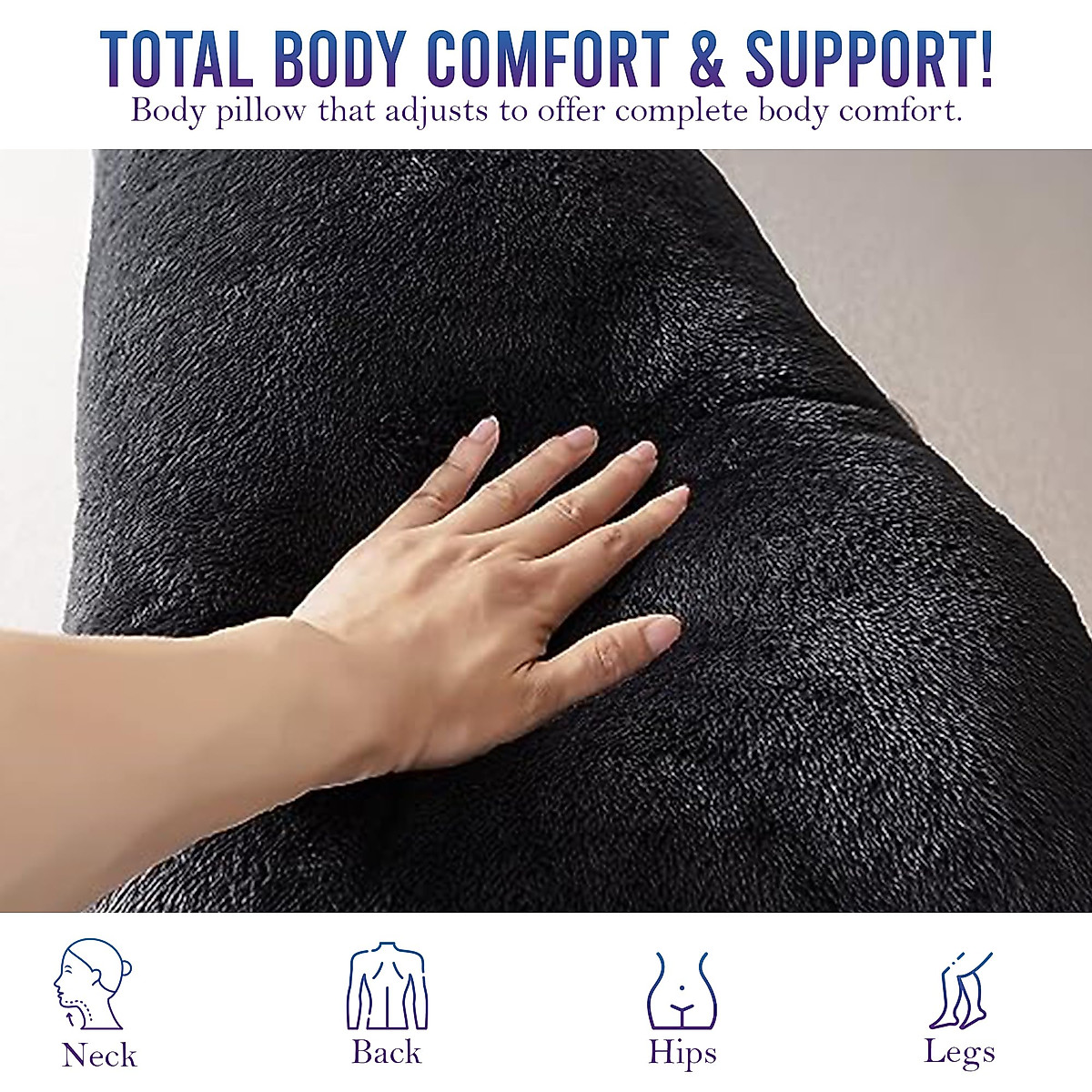 Memory Foam Body Pillow (Black, 20 x 54 Inch) - Full Body Pillows for Adults - Large Body Pillow Insert with Pillowcase for Back & Side Sleepers, Black Silk Body Pillow Cover & Silk Bonnet