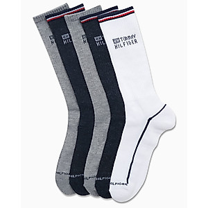 Tommy Hilfiger Men's Athletic Socks - Cushioned Crew Socks (5 Pack), Size 7-12, White Assorted