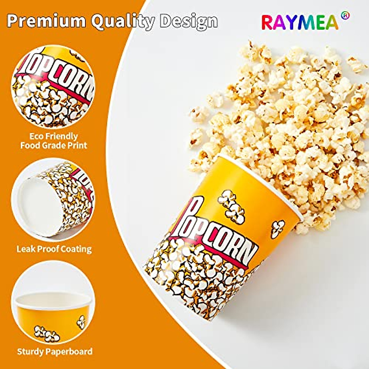 RAYMEA Popcorn Buckets Disposable 32oz Retro Style Paper Leak Proof Popcorn Containers Popcorn Bowls for Family Movie Night & Party - 10 Pac