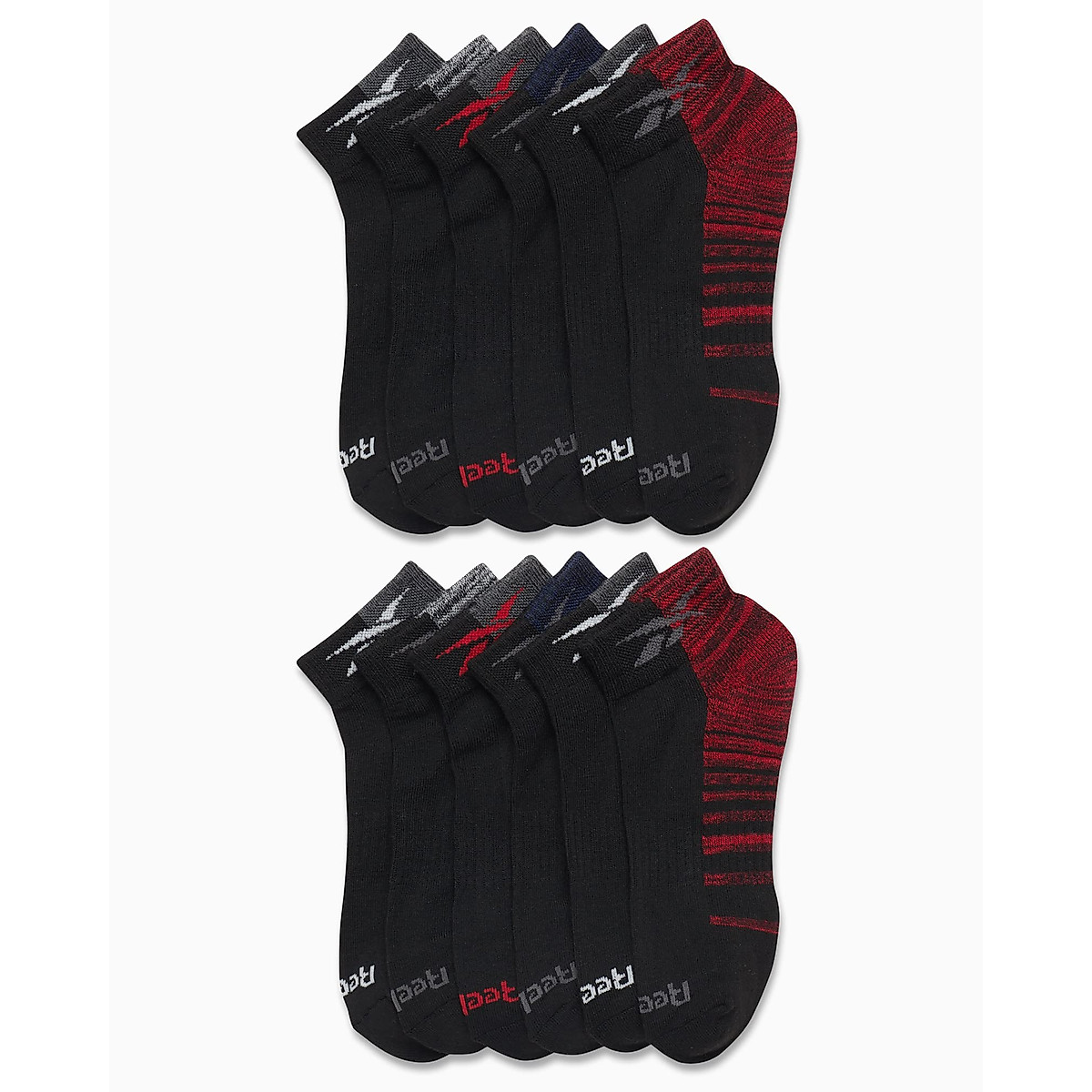 Reebok Men's Quarter Socks - 12 Pack Performance Cushion Comfort Socks - Breathable Athletic Ankle Socks for Men (6-12.5), Size 6-12.5, Red/Black