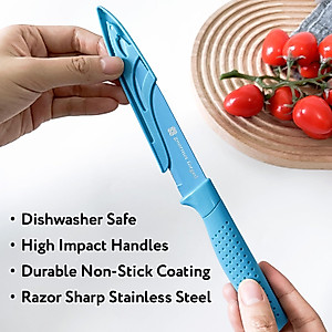 Gourmet Forged ColorSlice 3 PC Color-Coded Paring Knife Set. 5" Fruit Knife, 3.5" Paring, 3" Bird Beak Hook Peeler Curved Non Stick Dishwasher Safe Knives Sharp Stainless Steel Anti Rust