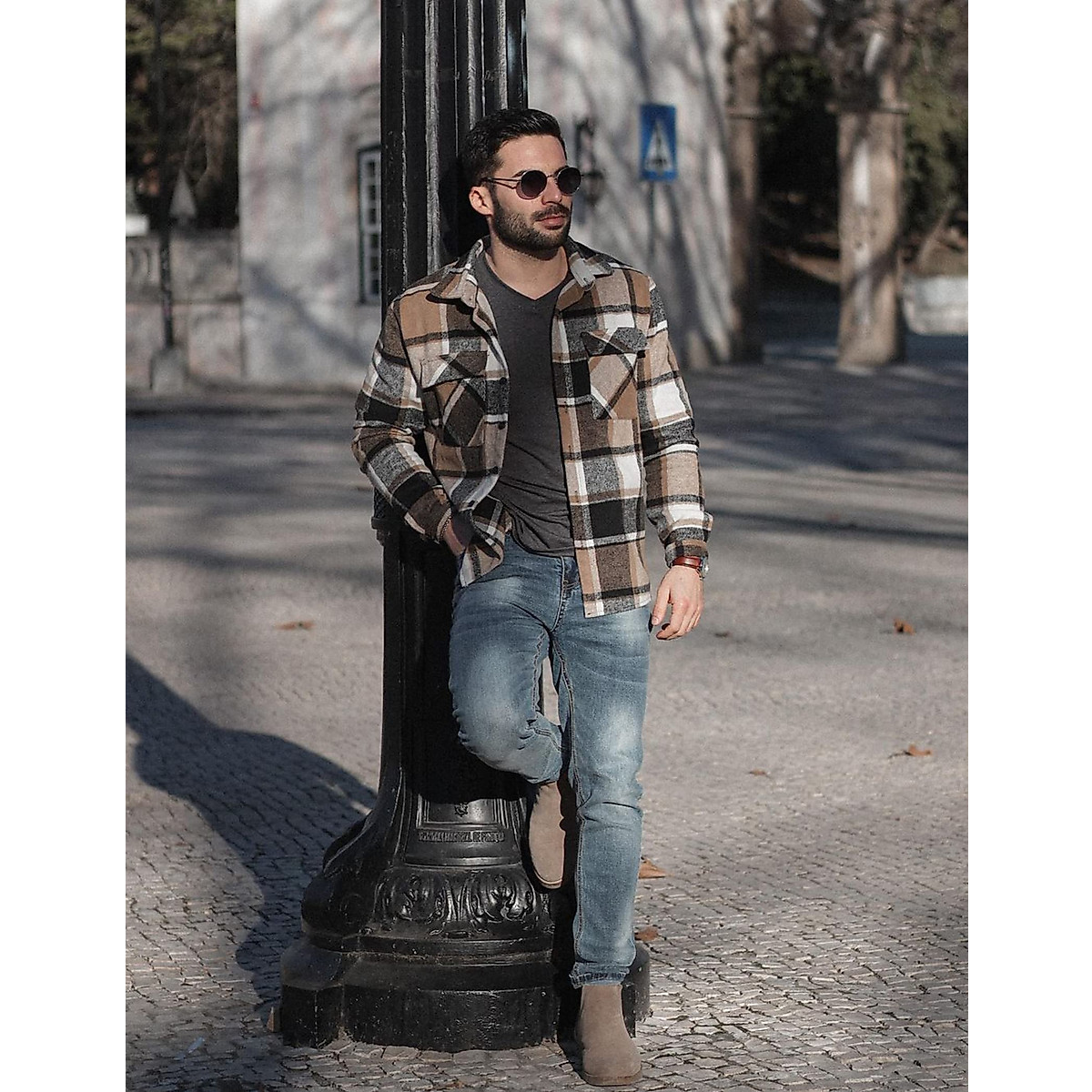 ZAFUL Men's Long Sleeve Flannel Plaid Shirt Jacket Casual Button Down Shacket Jackets (Coffee S)