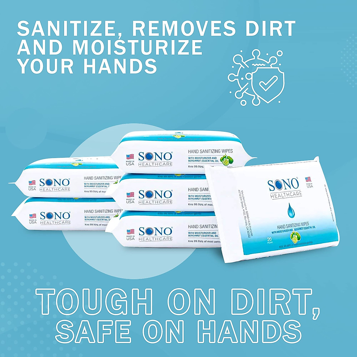 SONO Sanitizing Hand Wipes with Bergamot & Aloe Essential Oil - Stay Refreshed On-the-Go - Hand Cleaning Solution for a Pleasant and Thorough Sanitization Experience - 6 Packs of 20 Wipes Each