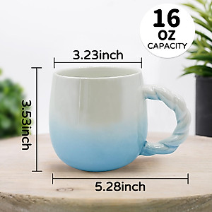 Plaxico & Bertunga Large Coffee Mug with Handle 16 Oz Coffee Cups Ceramic Heavy Latte Mugs Novelty Gradient Blue Porcelain Tea Cup for Kitchen Office and Home
