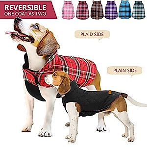 Kuoser Warm Dog Coat, Reversible Dog Jacket Waterproof Dog Winter Coat British Style Plaid Dog Clothes Pet Dog Cold Weather Coats Cozy Snow Jacket Vest for Small Medium Large Dogs Bright Red XS