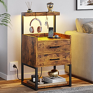 VIAGDO Nightstands Set of 2 with Charging Station, LED Night Stand with 2 Drawers, Rustic Brown Modern Bedside Tables with Open Storage Shelves, End Side Tables for Bedroom, Office