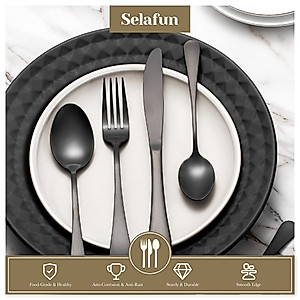 Selafun 24 Piece Matte Black Flatware Set.Stainless Steel Matte Black Silverware Set Titanium Plating Tableware Cutlery Set. Utensil Set for Kitchens. Dishwasher Safe(Service for 4)