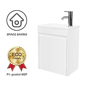 eclife 16" Bathroom Vanity Sink Combo for Small Space, Modern Pianted Wall Mounted Cabinet Set w/White Resin Basin Sink Top, Chrome Faucet & Pop Up U Shape Drain (B10W)