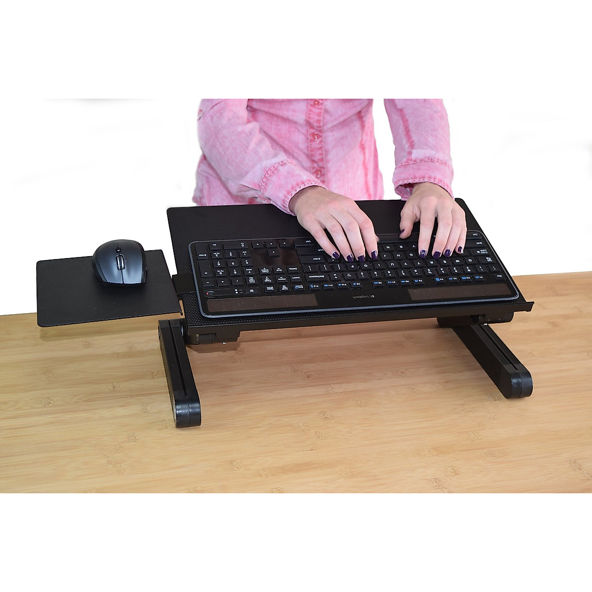 WorkEZ Keyboard and Mouse Tray ergonomic on-desk riser stand adjustable height angle negative tilt Raise computer keyboards to Standing Height sit stand-up standing accessories lift black