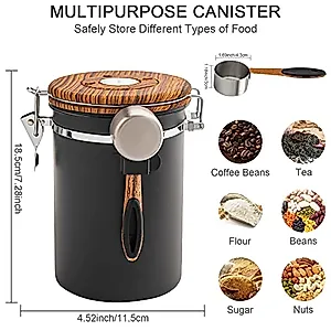 TEDSWAIT Coffee Canisters Airtight Coffee Bean Storage Container Kitchen Stainless Steel Food Storage Container with Scoop Date Tracker & CO2 Valve 61Fl Oz (Black)
