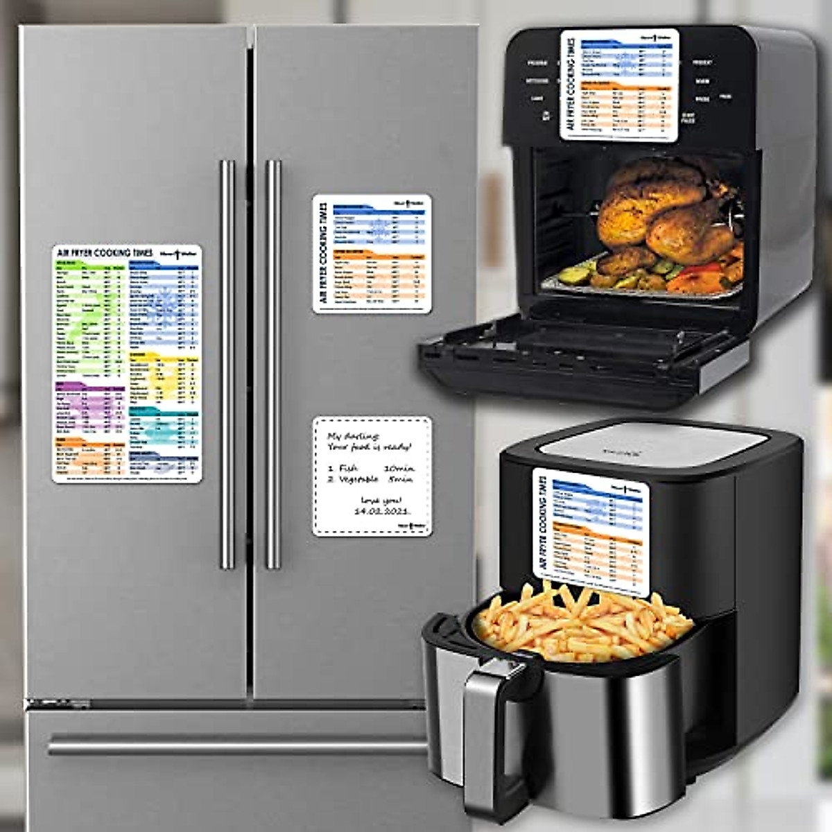 Air Fryer Magnetic Cheat Sheet Set (1 Set of 3 Pcs) - Air Fryer Accessories Cook Times Chart, Air Fryer Cookbook Recipe Cards, Kitchen Accessories with Dry Erase Fridge Whiteboard, White