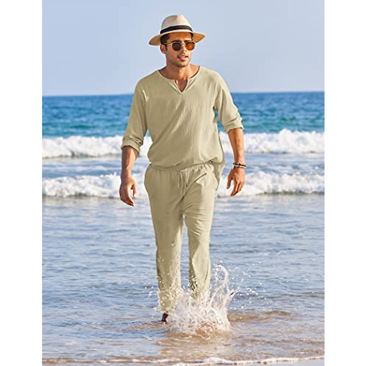 COOFANDY Men's 2 Pieces Cotton Linen Set Henley Shirt Long Sleeve and Casual Beach Pants Summer Yoga Outfits