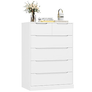 HOSTACK Modern 6 Drawer Dresser for Bedroom, Tall Chest of Drawers with Storage, Large Wood Storage Chest Organizer with Cut-Out Handle, Accent Storage Cabinet for Living Room, Entryway, Classic White