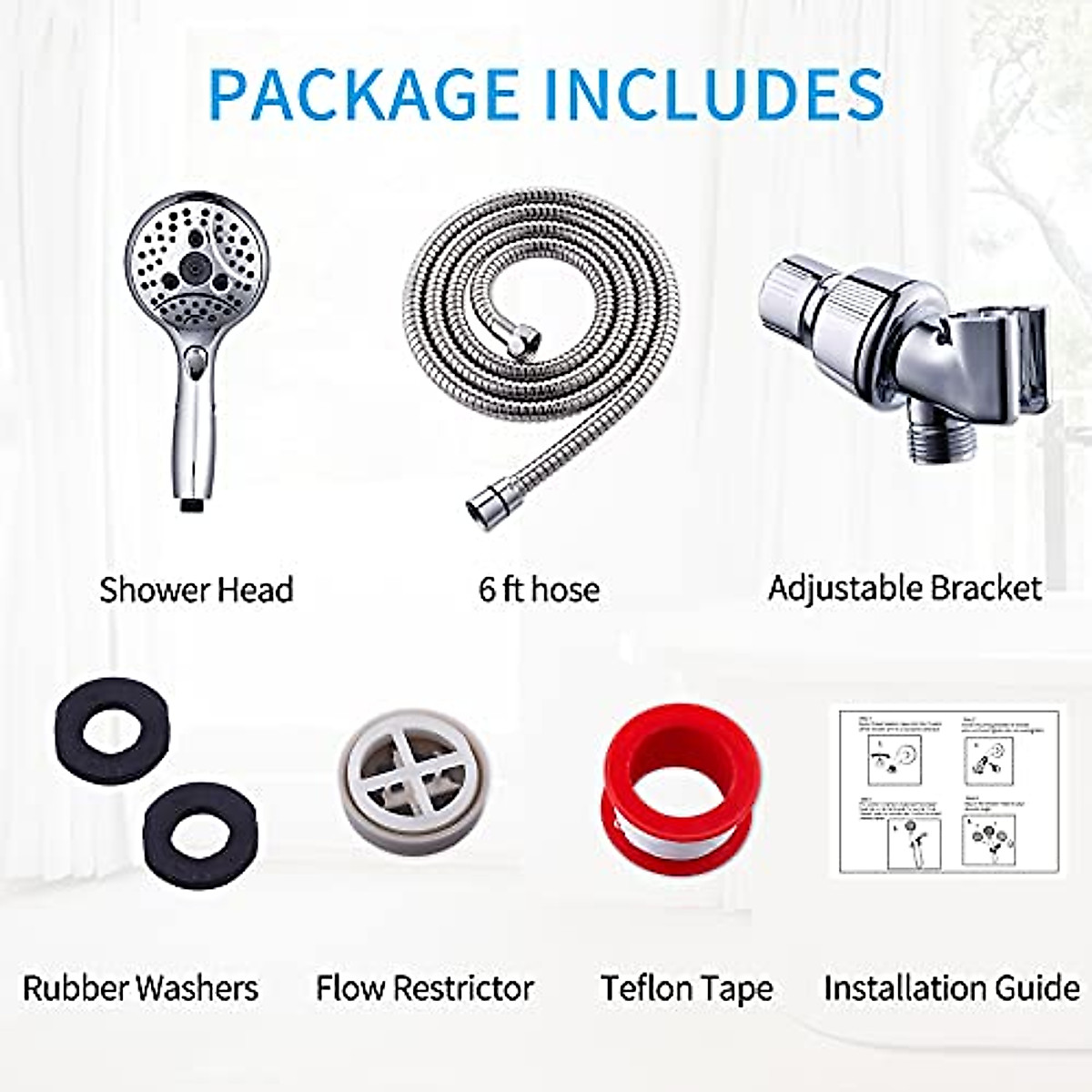 VXV Bathroom Handheld Shower Head with on off Switch, 6 Spray Setting Removable Hand Held Showerheads with 6 FT Stainless steel Hose and Adjustable Angle Bracket(Chrome)