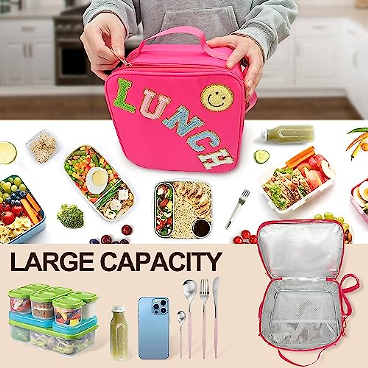 Insulated Lunch Bag With Adjustable Shoulder Strap, Nylon Preppy Lunch Box Large Insulated Lunch Bag Reusable Lunch Tote Bag with Smiley Preppy LunchBag for Girls School Travel Picnic (Pink)