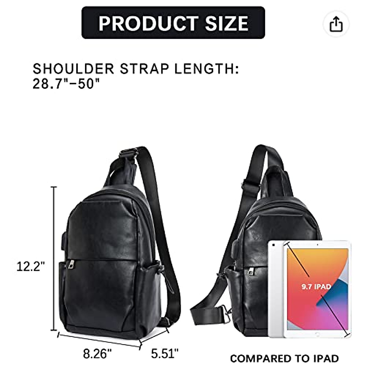 BOSTANTEN Sling Bag Leather Crossbody Backpack Shoulder Bag for Men Travel Hiking Everyday Use, Black