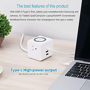 Power Strip with USB C Ports, KingTSYU Travel Surge Protector Tower Extension Cord with 2USB A/2AC Outlets/Phone Wireless Charger, PD 45W Fast Charging Power Deliveryfor Laptop MacBook Pro,Dorm/Office