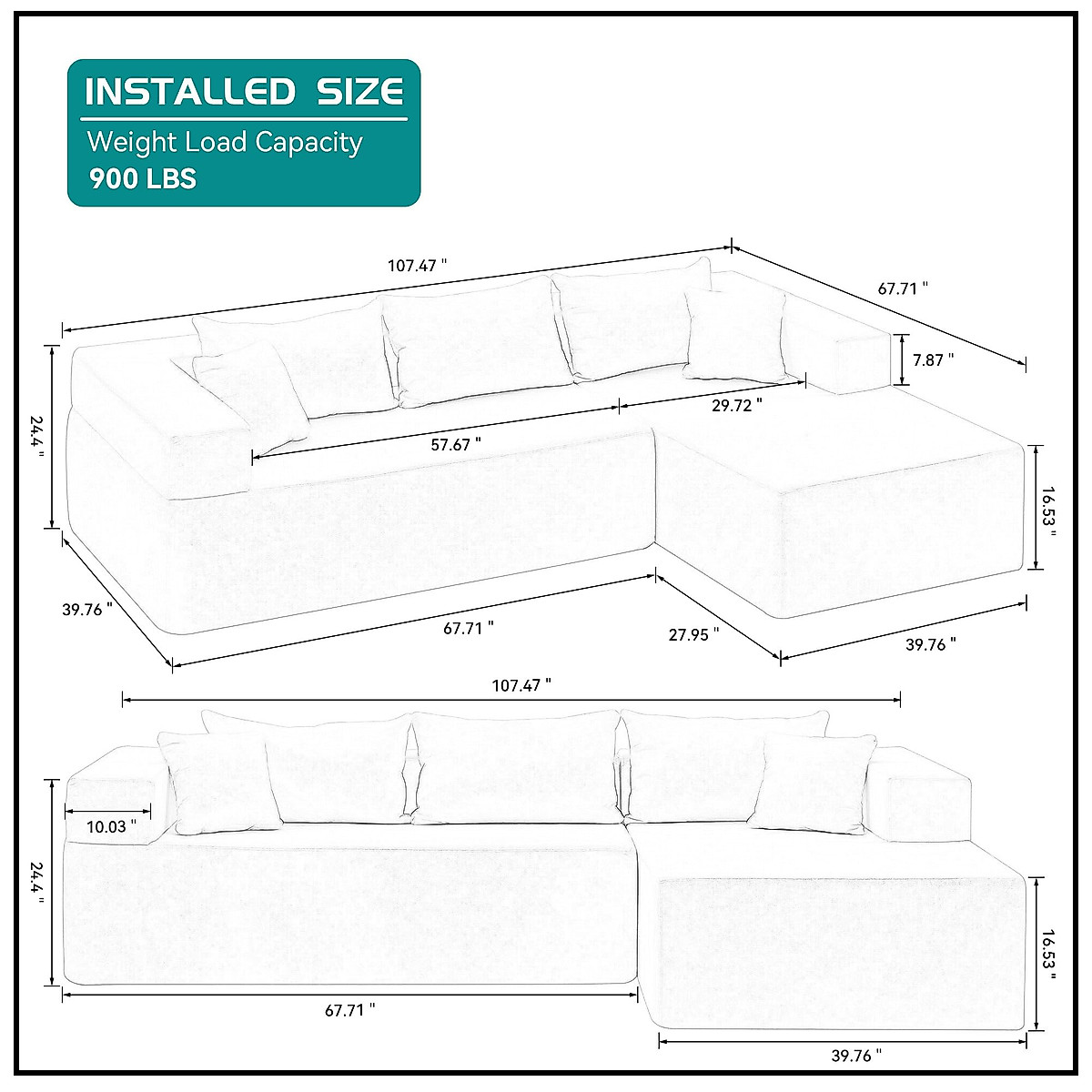 kevinplus 107.47 Sectional Sofa Couch with Chaise Lounge for Living Room, Modern L-Shape 4-Seat High-Density Sponge Floor Sofa Couch, No Assembly & Heightened Seat(Right-Facing, Gray)