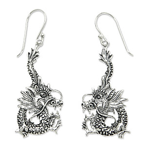 NOVICA Artisan Handmade .925 Sterling Silver Dangle Earrings Indonesia Animal Themed 'Dragon Splendor'