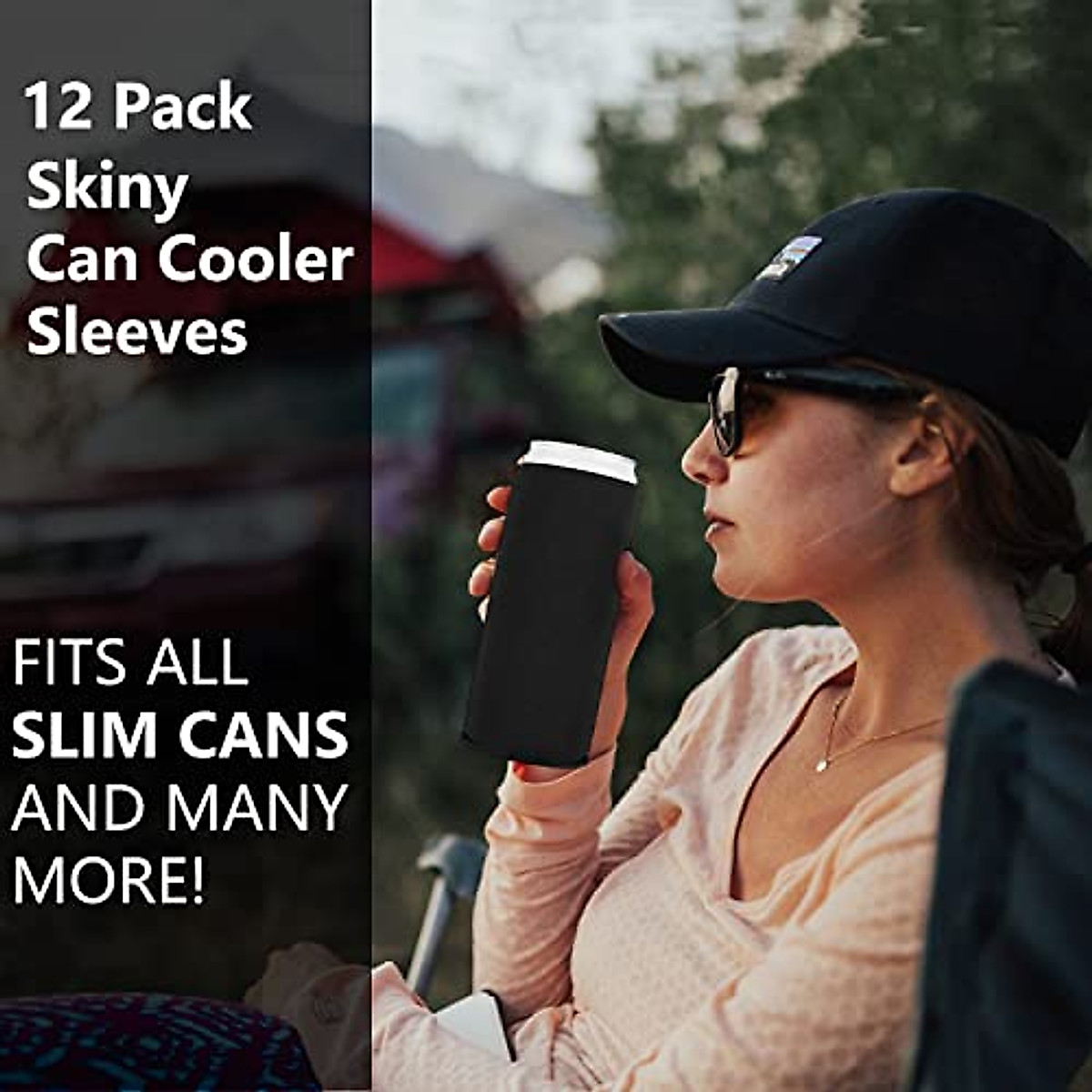 Slim Can Cooler Sleeves, 12oz Skinny Blank Neoprene Beer Can Sleeve, Soft Insulated Reusable DIY Personalized Cooler for Water Bottle Soda, Collapsible for Parties Weddings (Black, 12)