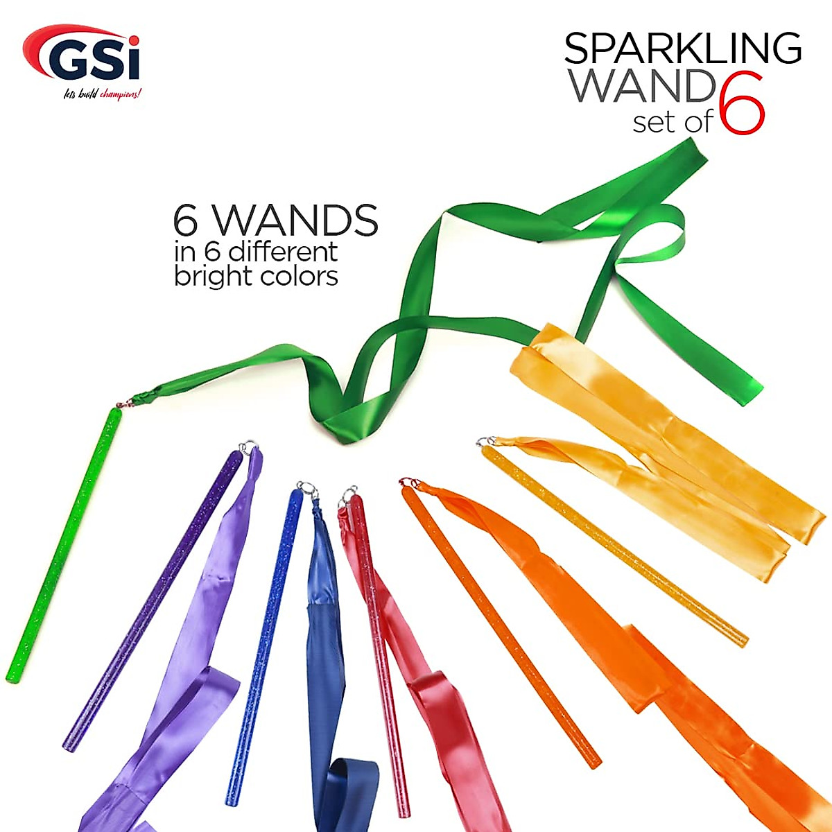 GSI Multicolor Sparkling Gymnastic Ribbon Wands [6 pack] with 9 inch stick and 1 meter ribbon for Gym, Training, Circus, Dance, Baton Twirling, Dancing Streamers (pack of 6)