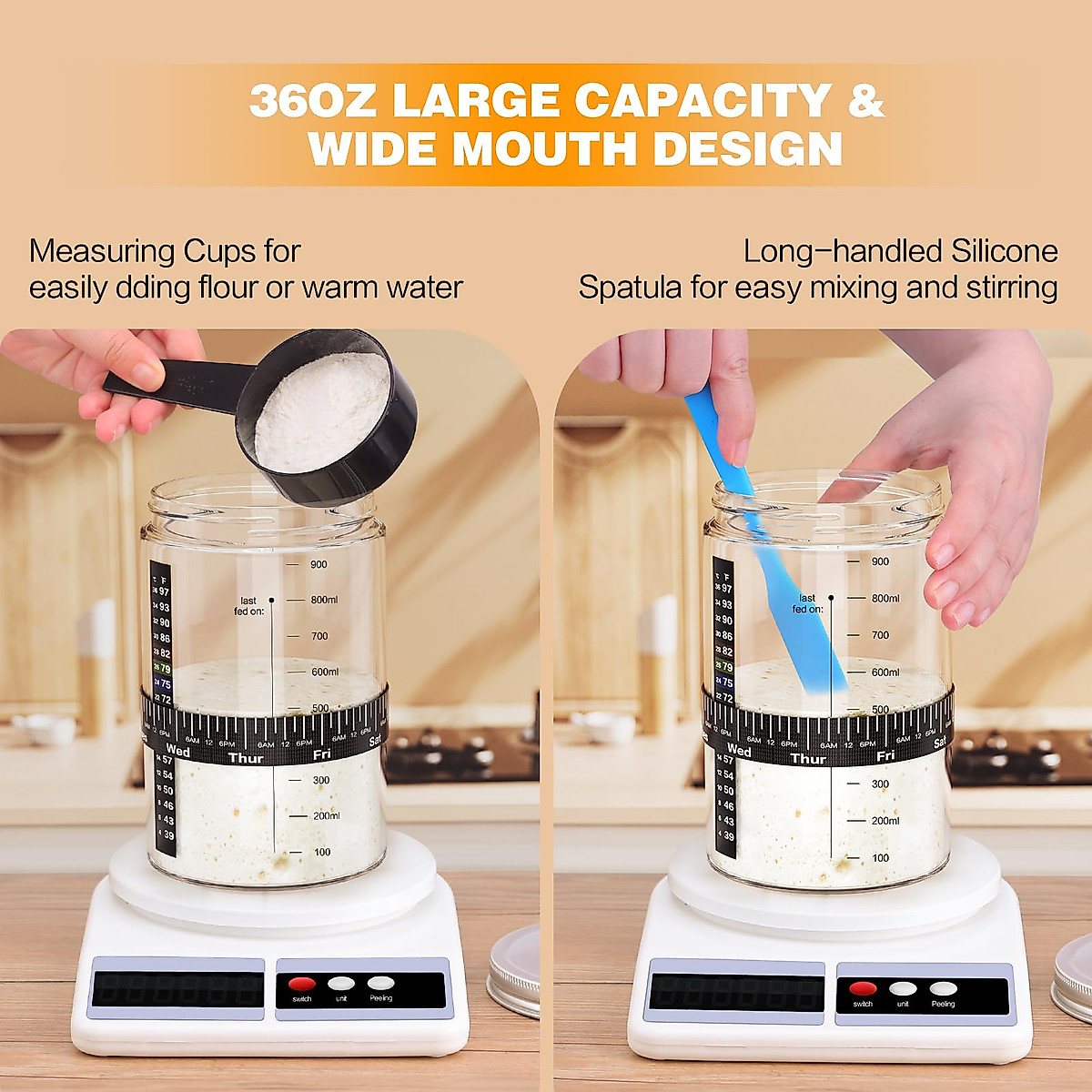 Aofmee Sourdough Starter Jar, 36oz Large Capacity Sourdough Jar Wide Mouth -Gift Ideal for Beginner Sourdough Bakers, Reusable Sourdough Starter Kit - Easy to Use & Clean (Blue)