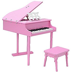 Goplus 30-Key Classical Kids Piano, Mini Grand Piano Wooden Learn-to-Play Musical Instrument Toy with Bench, Piano Lid, Music Rack, Gift for Boys Girls Aged 2+ Baby Toddler (3 Straight Leg-Pink)