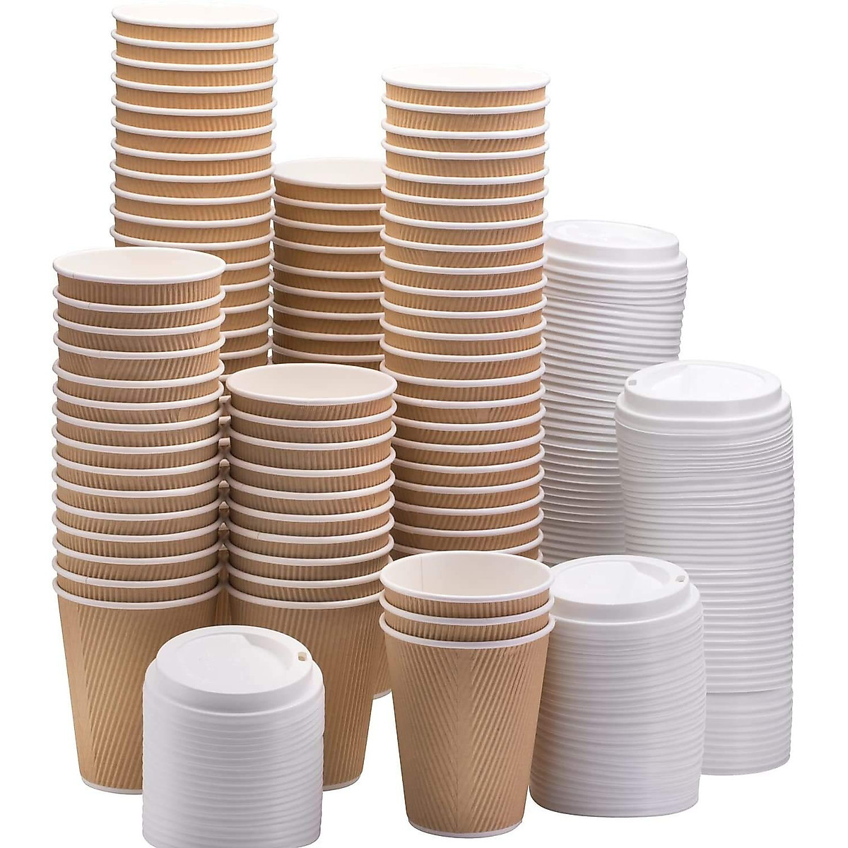 NYHI Set of 150 Brown Disposable Paper Cups with White Lids 6 oz Ripple Insulated Kraft for Hot Drinks Tea Coffee Triple Layer Design Recyclable Durable Paper