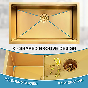 JoviPrime 32 Inch Gold Kitchen Sink Workstation Undermount Stainless Steel 16 Gauge Kitchen Sink Handmade Deep Single Bowl Kitchen Sink with Accessories 32" x 18" x 10"