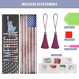 MWOOT 2 Pcs American Flag 5D Diamond Art Painting DIY Bookmarks, Marcadores Libro Pintura Diamantes Leather Tassel Bookmark, Statue of Liberty Beaded Book Marks for Independence Day July Fourth Gift