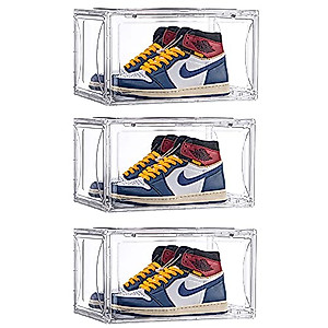 sunkey Shoe Boxes Clear Plastic Stackable Shoe Organizers with Magnetic Side Door for Men Women Sneakers Aj1 Display Large, 3 Pack