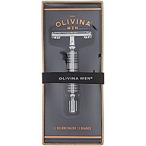 Olivina Men Safety Razor + 5 Stainless Steel Blades, Chrome Handle, 6-Piece Set